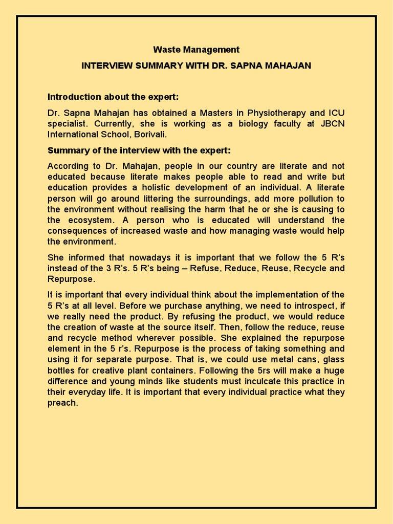 Waste Management - Interview Summary With DR | PDF | Self-Improvement | Wellness