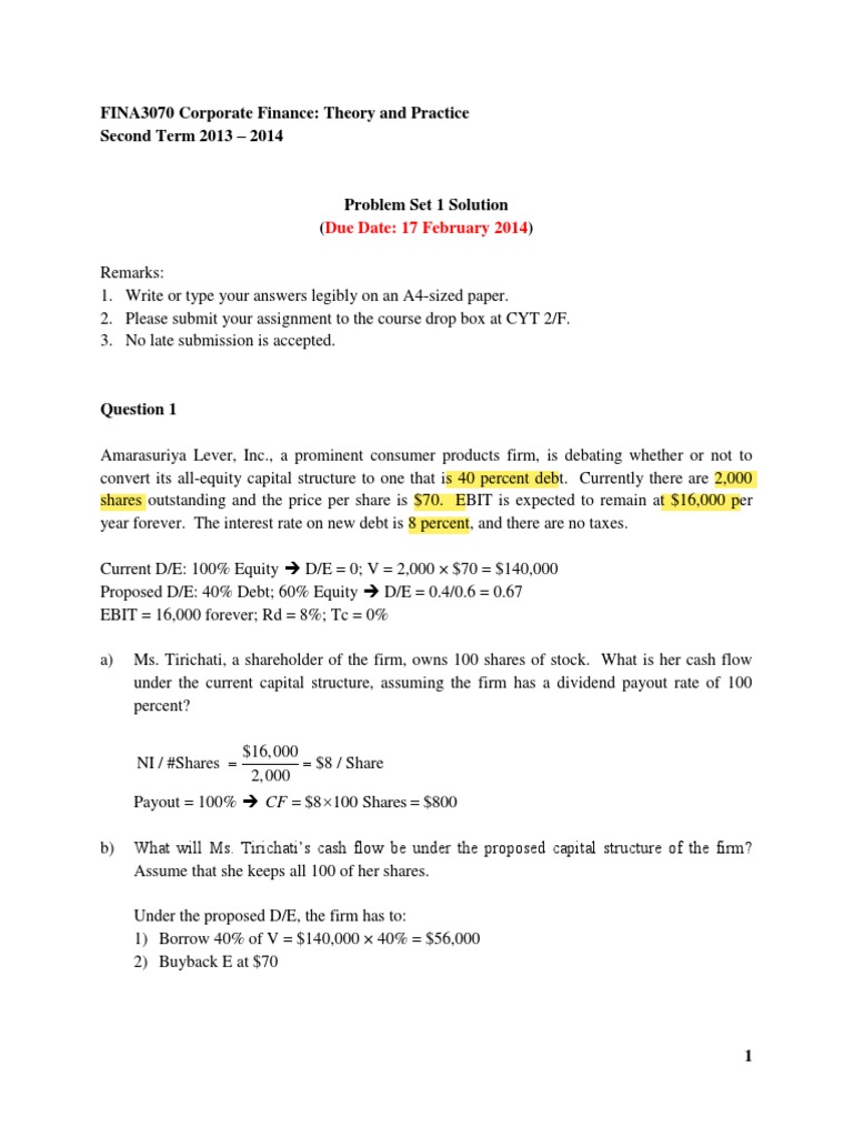 Problem Set 1 Solution 1 | PDF | Capital Structure | Stocks