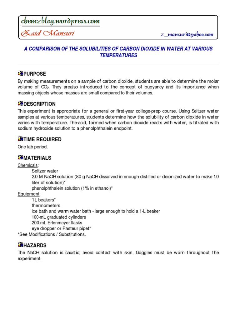 Chemistry Project - A Comparison of The Solubilities of Carbon Dioxide ...