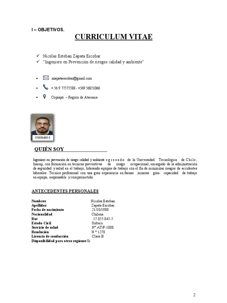 Curriculum Vitae Nicolas Esteban Zapata Escobar | PDF | Seguridad y salud ocupacional | Minería