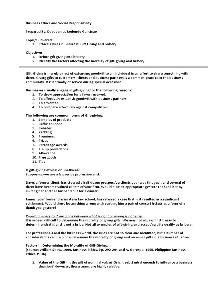 Gift Giving and Bribery | PDF | Bribery | Gift