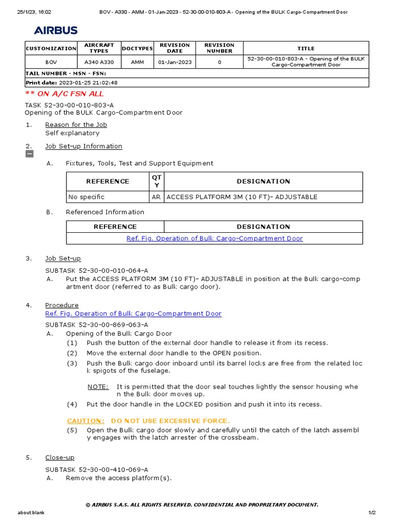 BOV - A330 - AMM - 01-Jan-2023 - 52-30-00-010-803-A - Opening of The BULK Cargo-Compartment Door ...