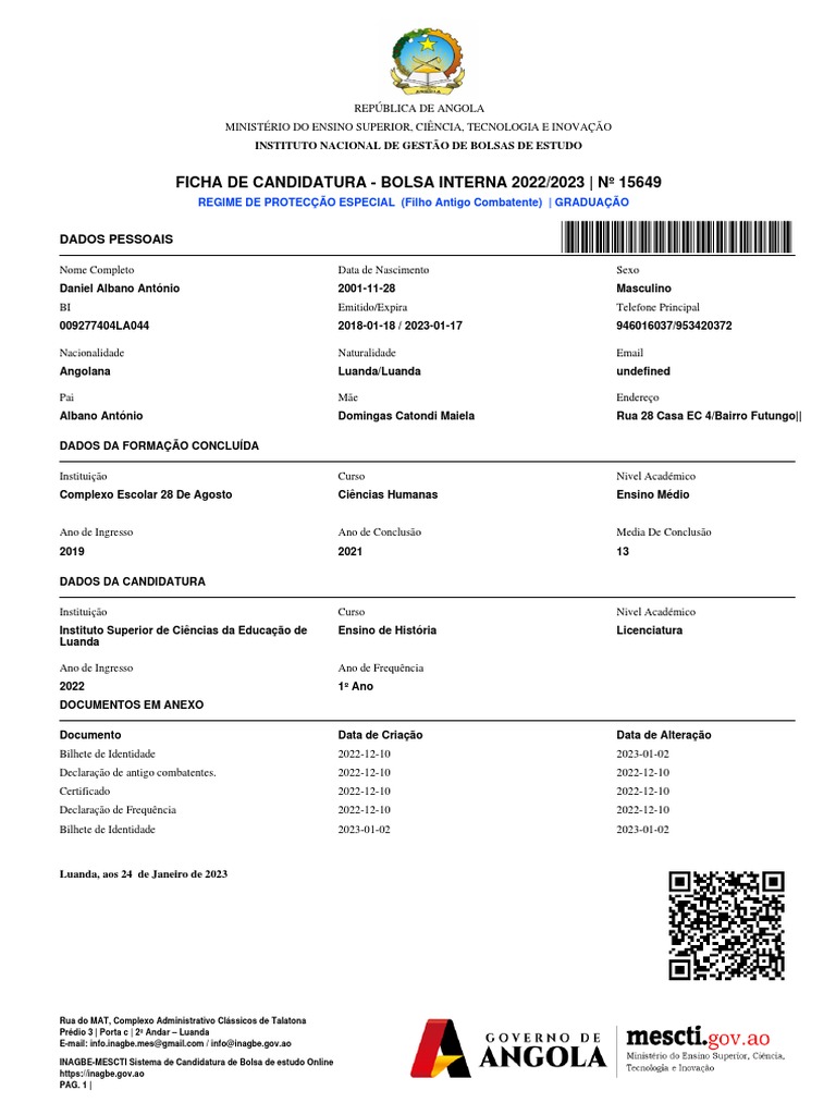 Ficha - Candidatura - Daniel Albano António | PDF | Angola | Ensino Superior