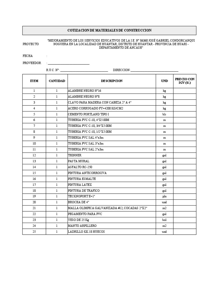 Cotizacion de Insumos - Huantar01 | PDF | Ingeniería de Edificación | Materiales de construcción