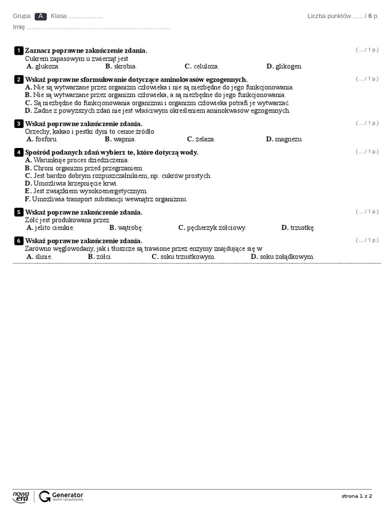 Biologia Kartkówka - Układ Pokarmowy - Lekcje 1, 2, 3 Test - Ekowydruk ...