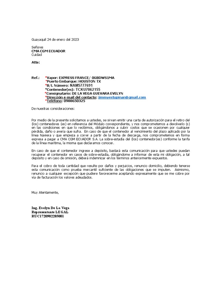 Cartas Cmacgm AUTORIZACION | PDF | Finanzas y dinero | Derecho