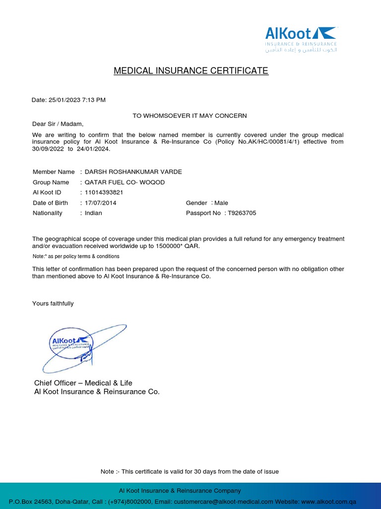 Medical Insurance Certificate for Darsh Varde | PDF
