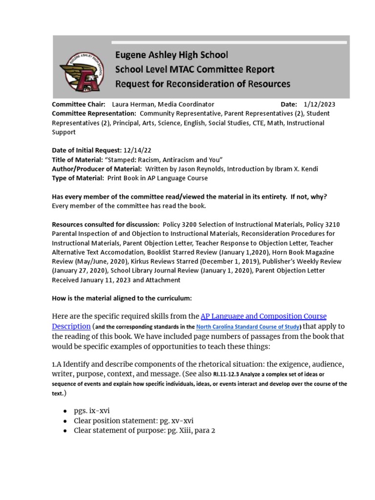 Ashley High School Committee Decision On Stamped, Related ...