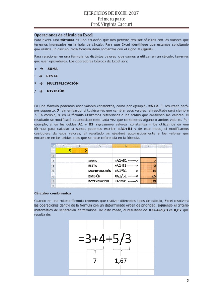 EJERCICIOS DE EXCEL 2007 Primera Parte Prof. Virginia Caccuri | PDF | Fórmula | Microsoft Excel
