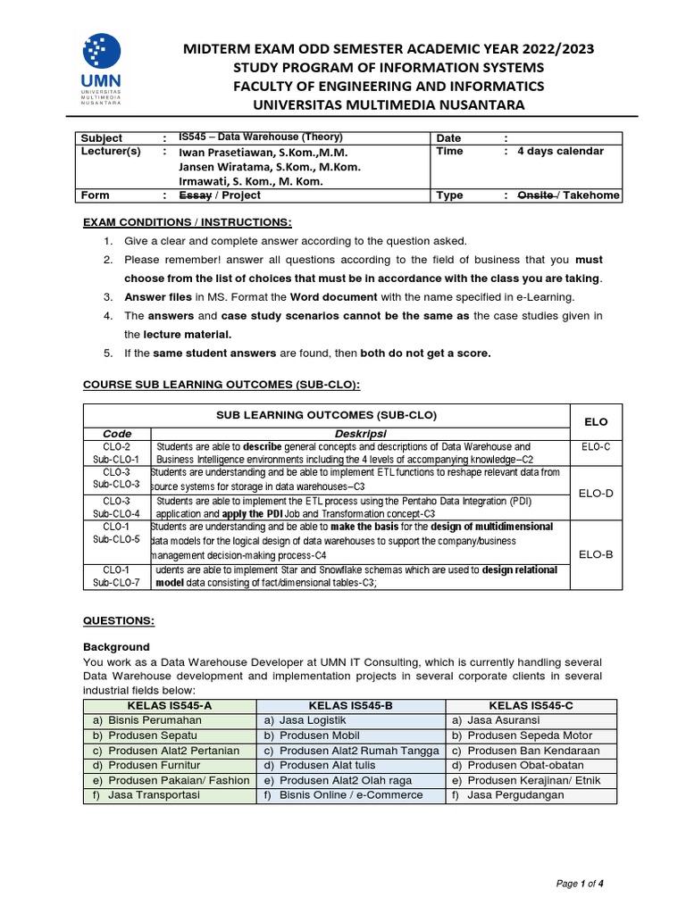 Takehome Midterm Exam I545 Data Warehouse Theoryodd2223 Pdf Data Warehouse Data