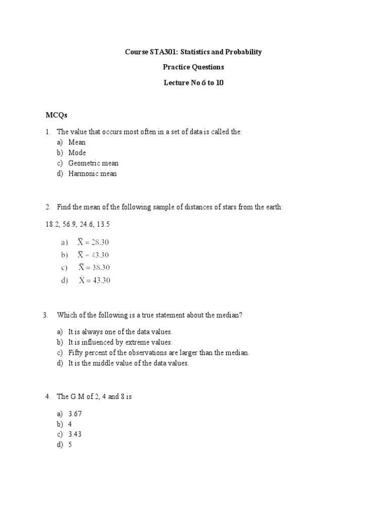 STA301 Statistics MCQs & Solutions | PDF