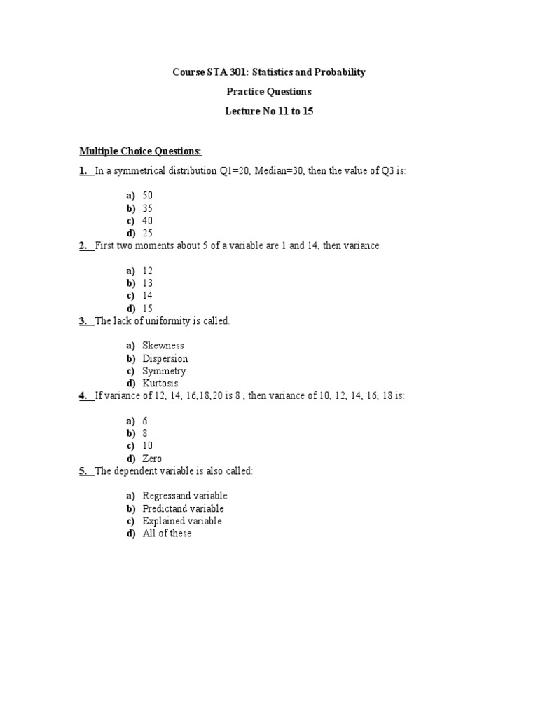 Practice Questions Lecture 11-15 | PDF | Variance | Skewness