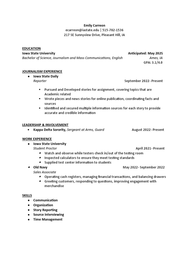 Emily Carreon Professional Resume | PDF