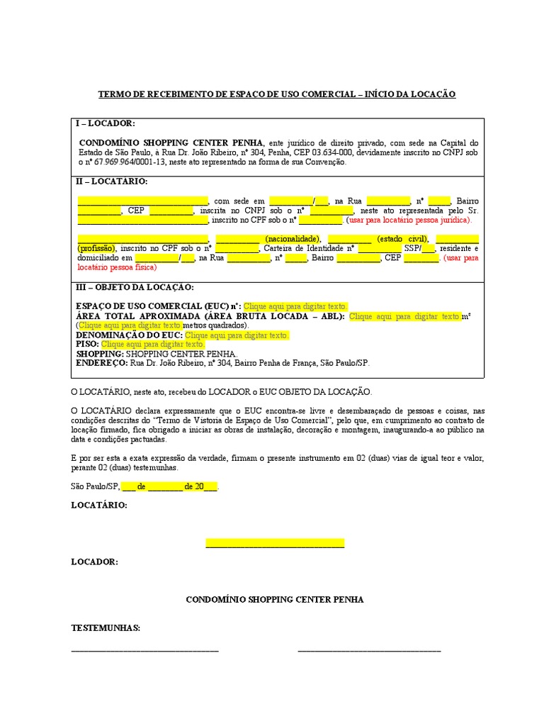 Modelo Termo de Entrega de Loja - Início Da Locação | PDF