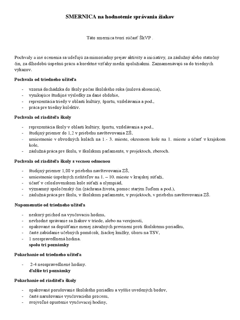 SMERNICA Na Hodnotenie Spravania Ziakov | PDF