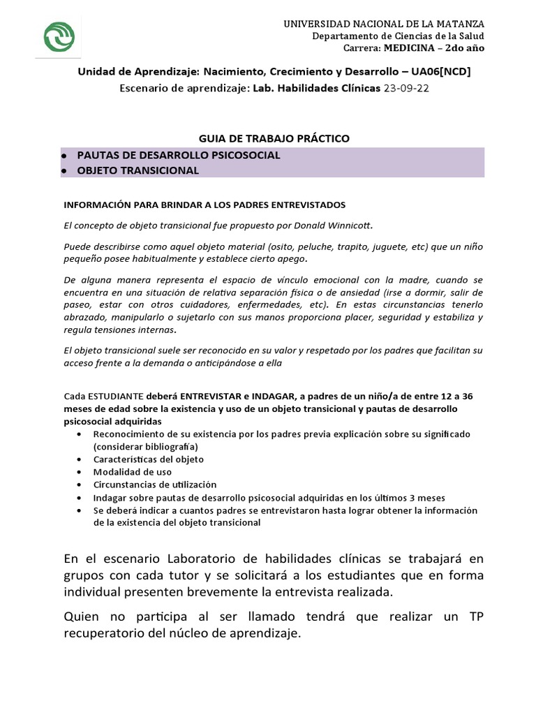 UA06 (NCD) GUIA TP Lab HCL Pautas Desarrollo Psicosocial y Objetos Transicionales - 2 | PDF