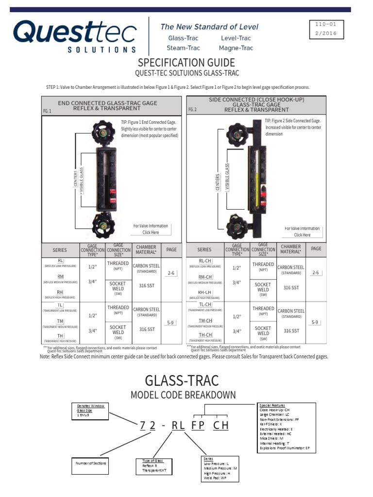 Glass-Trac Reflex Gage Specification Guide | PDF | Screw | Steel