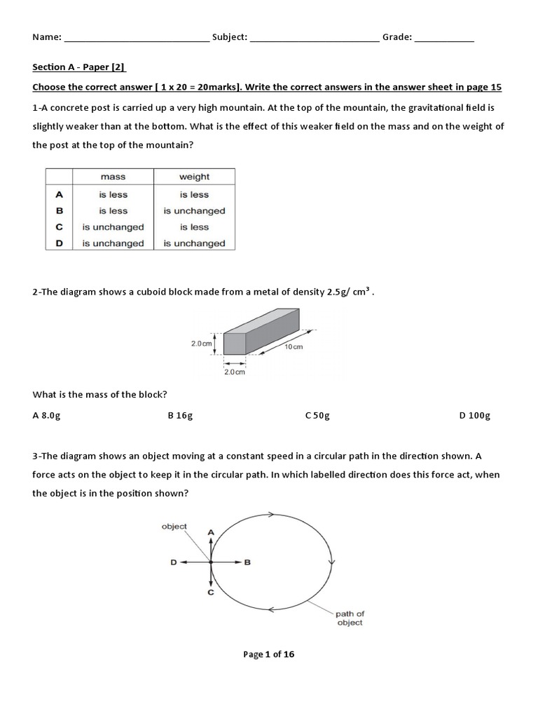 G 8 Physics 2020-2021 TERM1 Exam - Answer Key | PDF | Force | Mass