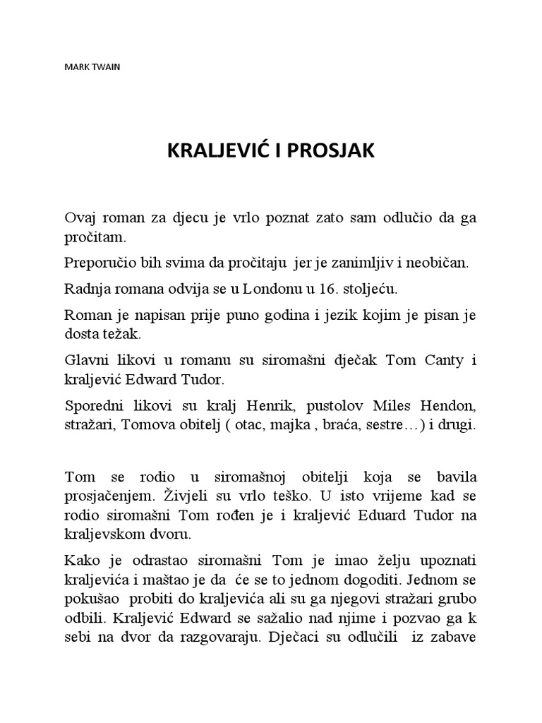 Mark Twain - Kraljević I Prosjak - Lektira | PDF
