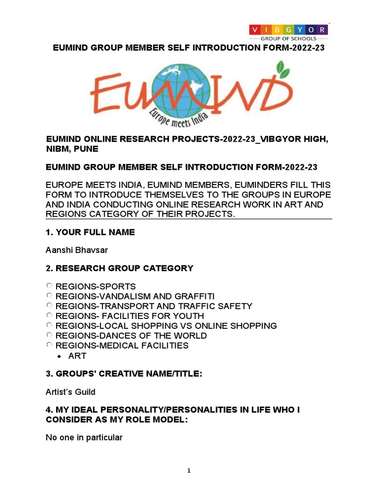 Eumind Group Member Self Introduction Form Aanshi | PDF