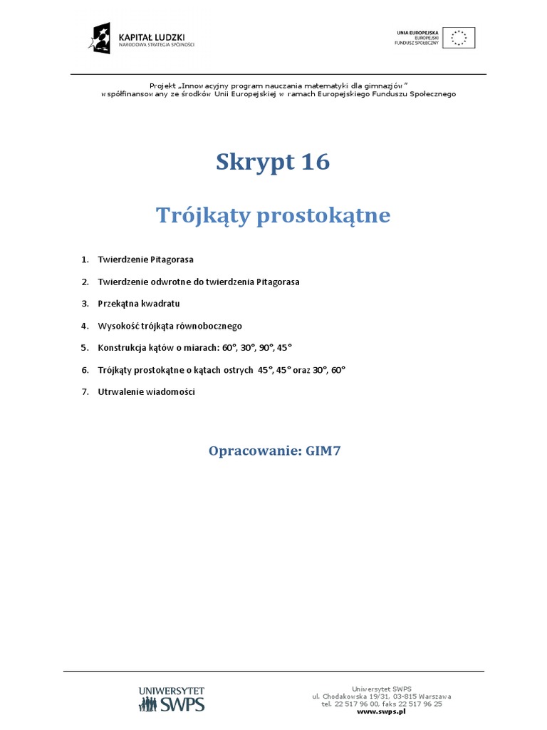 Skrypt 16 Trójkąty Prostokątne | PDF