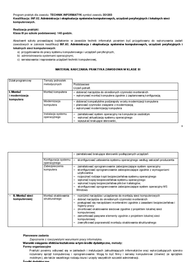 INF.02. - T.informatyk - Praktyka Zawodowa-Program KL III Po Podstawowej | PDF