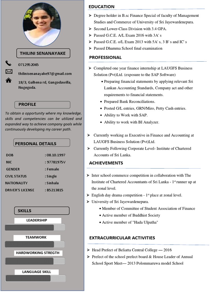 Finance Internship CV of Thilini Senanayake | PDF