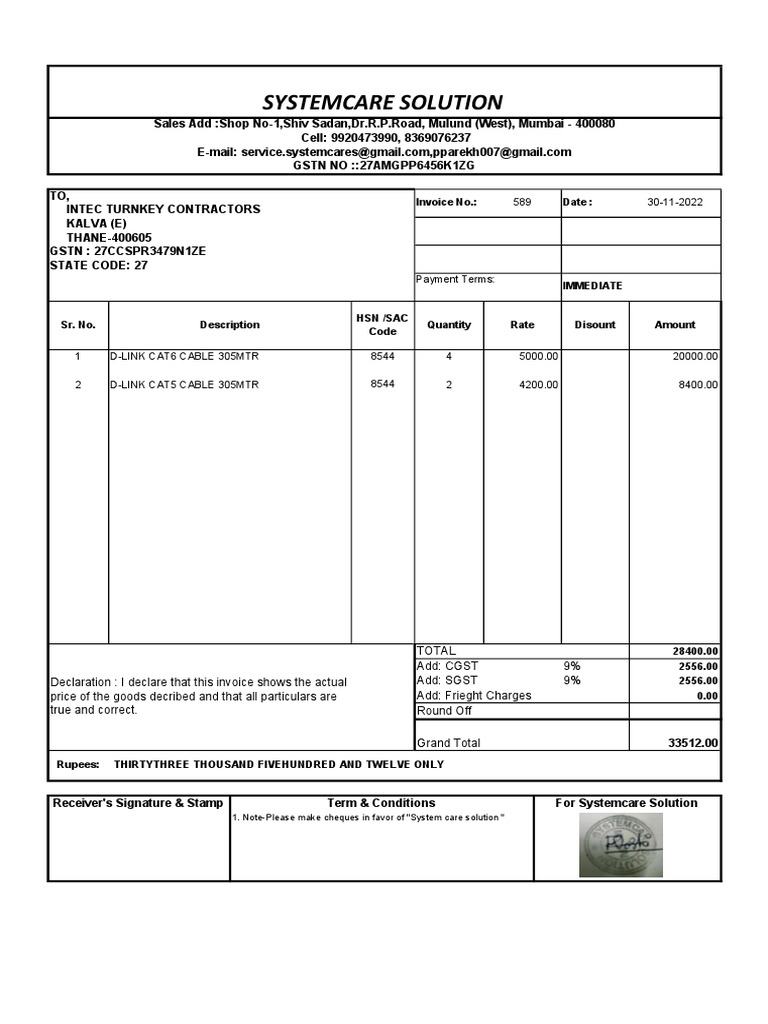 Invoice #589 for D-Link Cables | PDF | Business | Payments