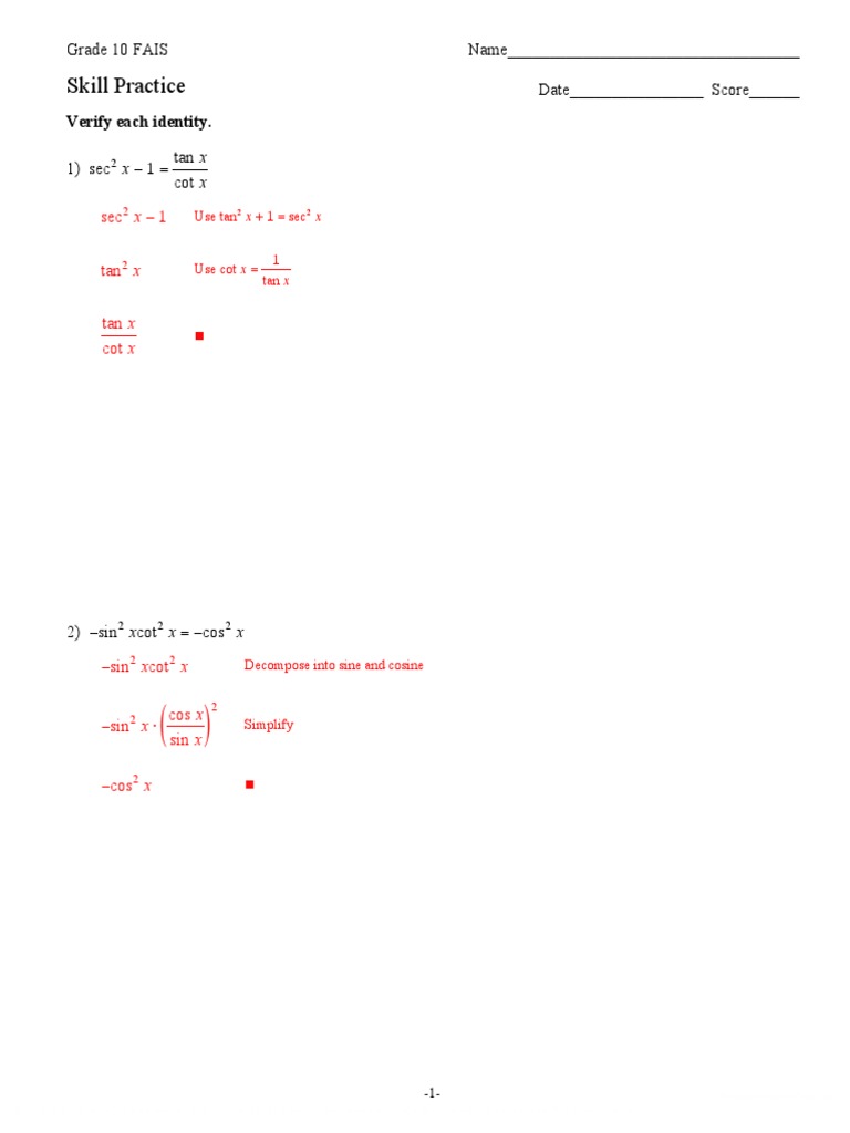 Skill Practice Verifying Trigonometric Identities | PDF | Trigonometric ...