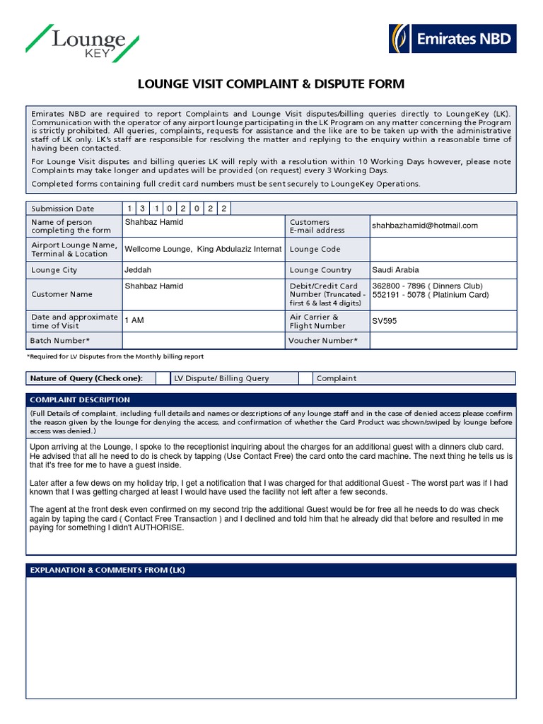 Lounge Key and Complaint Dispute Form | PDF | Airport Lounge
