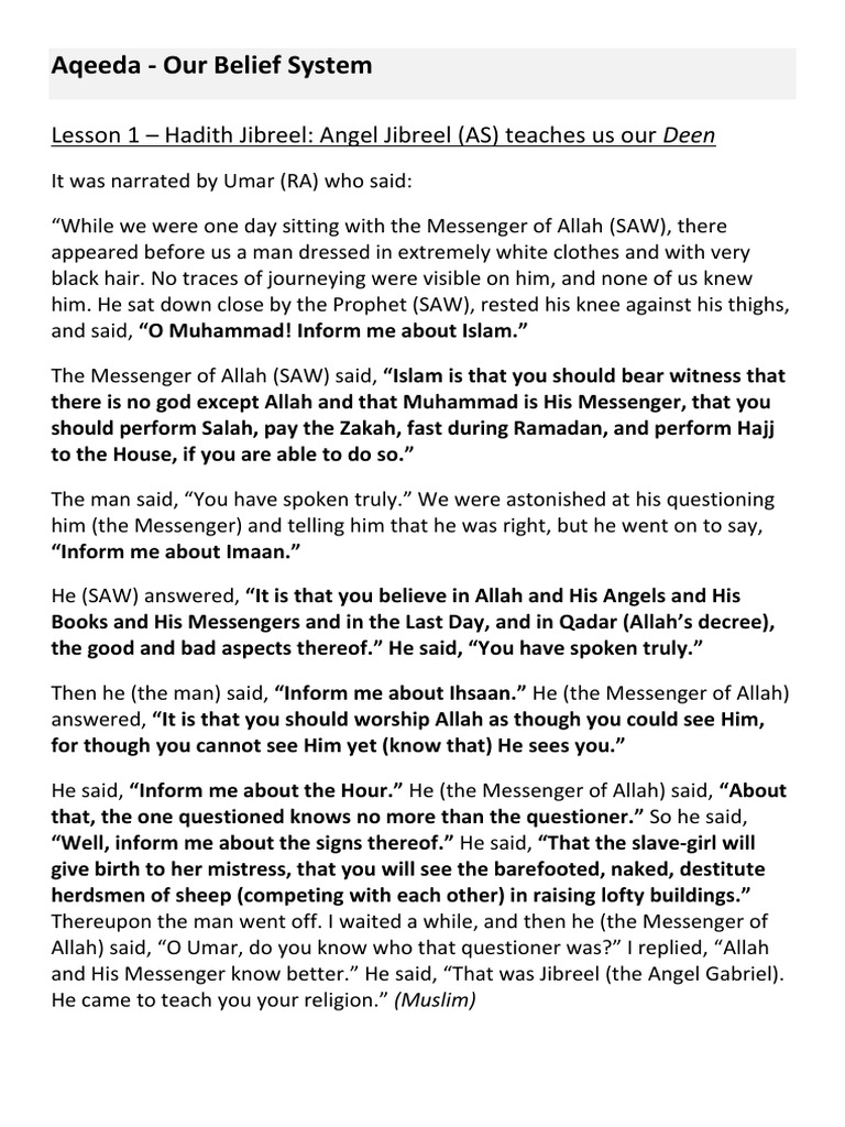 Aqeeda Lesson 1-Hadith Jibreel | PDF