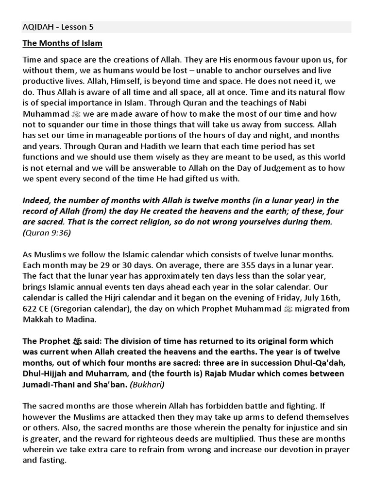Aqeeda Lesson 5-The Months of Islam | PDF | God In Islam | Prophets And Messengers In Islam