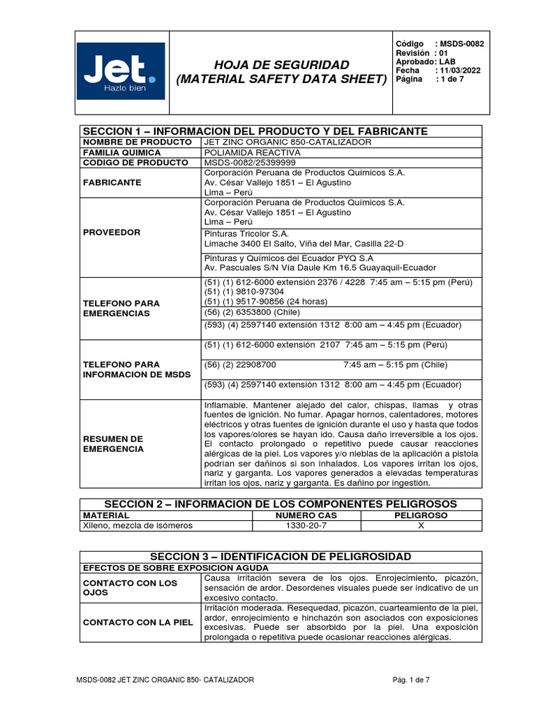 MSDS-0082 Jet Zinc Organic 850 - Catalizador | PDF | Agua | Dióxido de ...