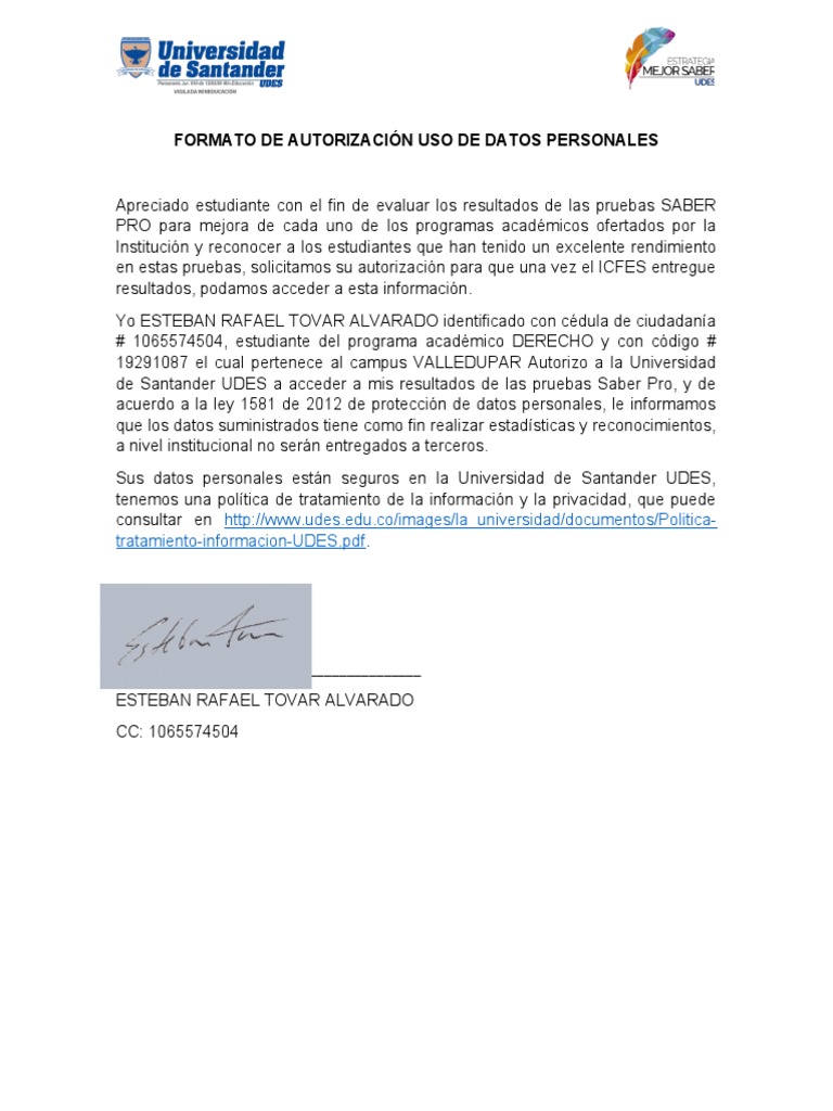 Formato de Autorización Uso de Datos Personales | PDF