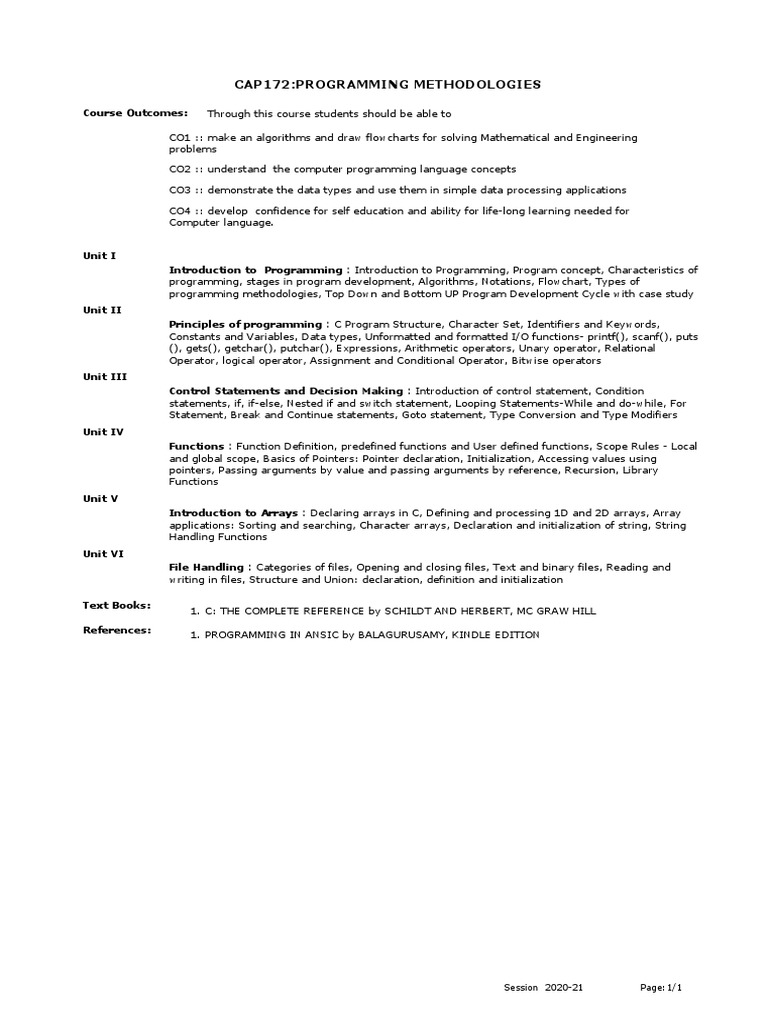 CAP172 Syllabus | PDF | Subroutine | Pointer (Computer Programming)