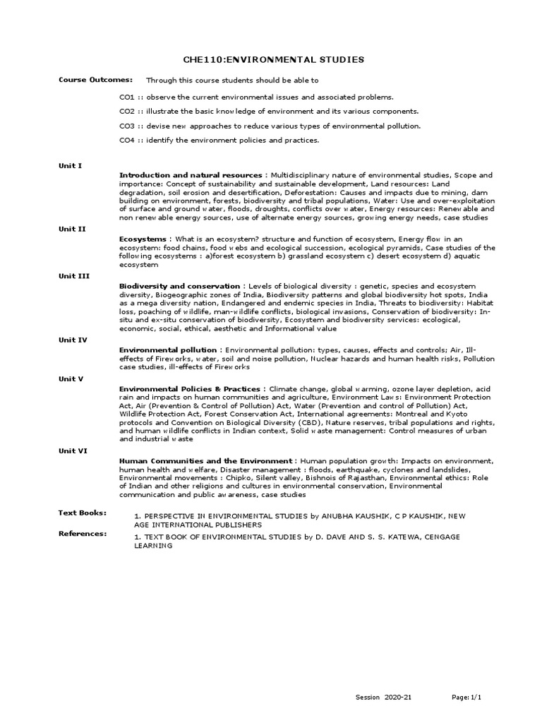 CHE110 Syllabus | PDF | Biodiversity | Ecosystem