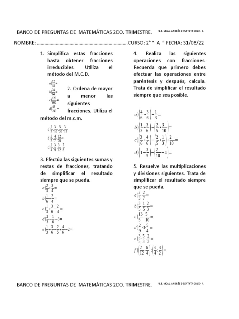 BANCO DE PREGUNTAS DE MATEMÁTICAS 2DO Trim 6to Sec | PDF | Matemáticas | Aritmética