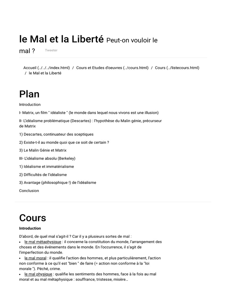 Cours de Philosophie Sur Le Mal Et La Liberté | PDF | Mal | Platon