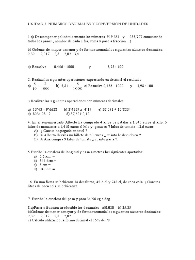 Números Decimales y Conversiones Básicas | PDF | Métodos y materiales ...