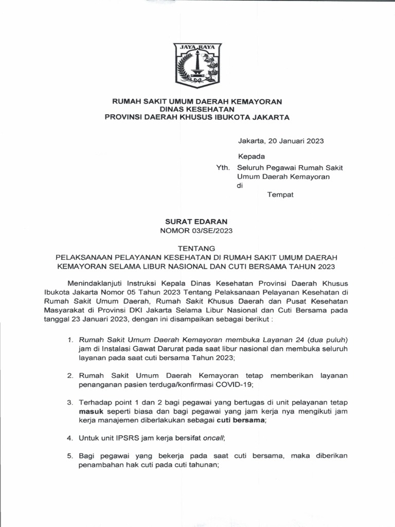 Surat Edaran Direktur Nomor 03 Se Tahun 2023 Tentang Pelaksanaan Pelayanan Kesehatan Di Rsud Kmy ...