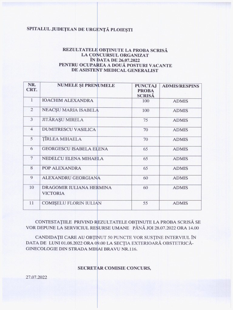Rezultate Obtinute La Proba Scrisa Concurs Asistent Medical Generalist ...