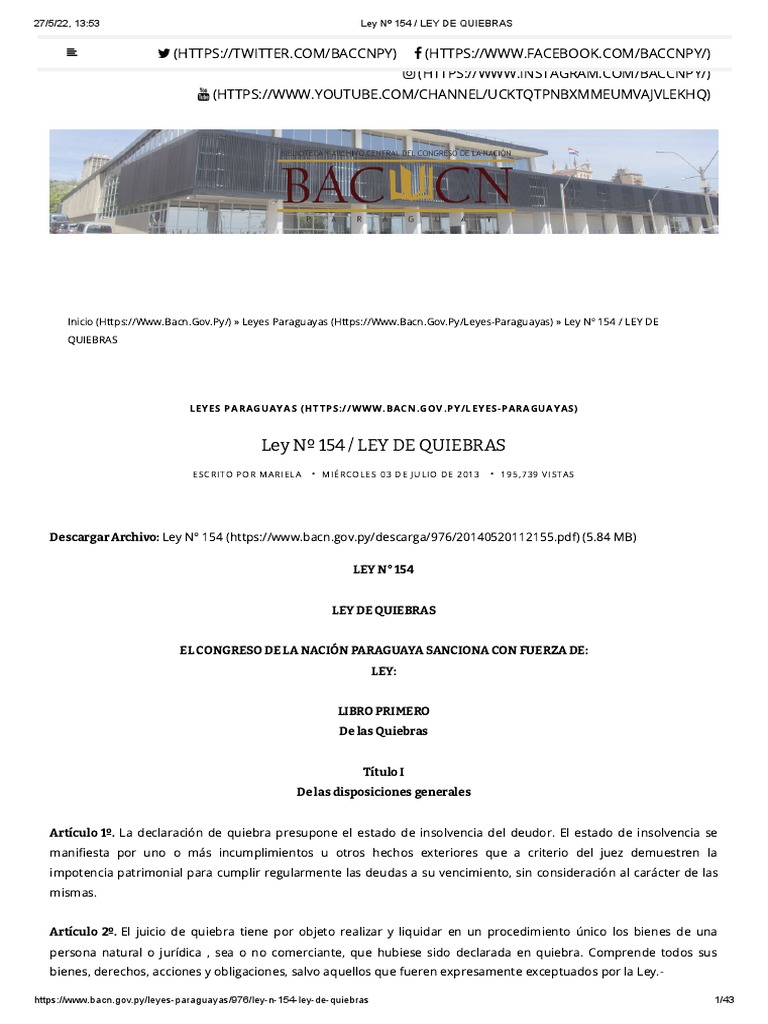 Ley #154 - LEY DE QUIEBRAS | PDF | Bancarrota | Pagos
