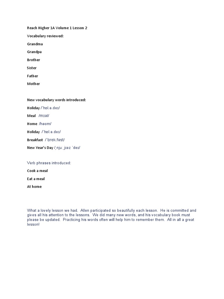 Reach Higher 1A Volume 1 Lesson 2 | PDF