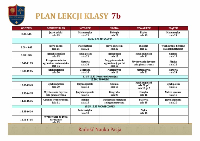 Plan Lekcji Klasa 7b | PDF