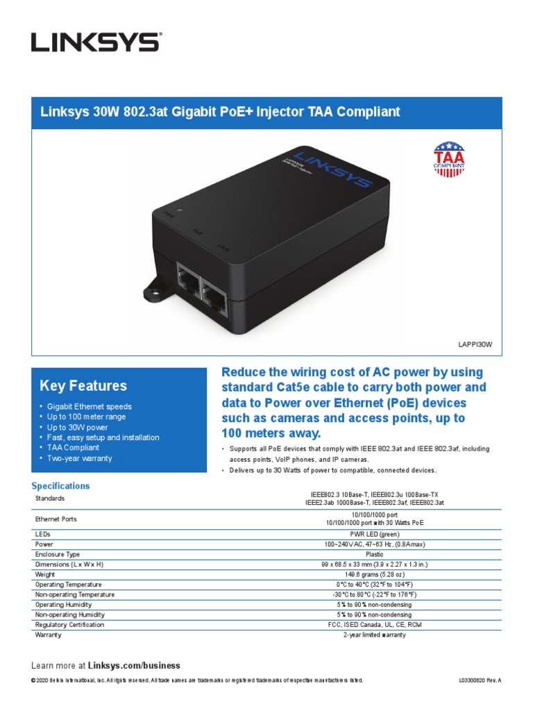 Linksys Lappi30w Poeinjector Data Sheet | PDF | Electrical Engineering ...