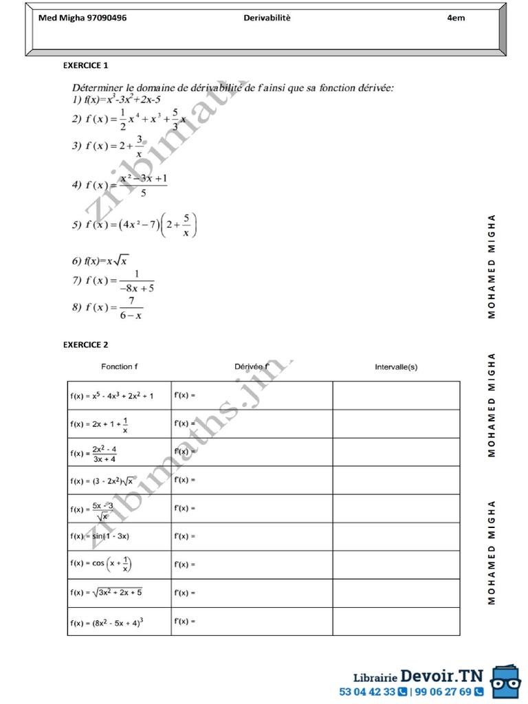 Série D'exercices Derivabilite 2017 2018 (MR Med Migha 2) | PDF