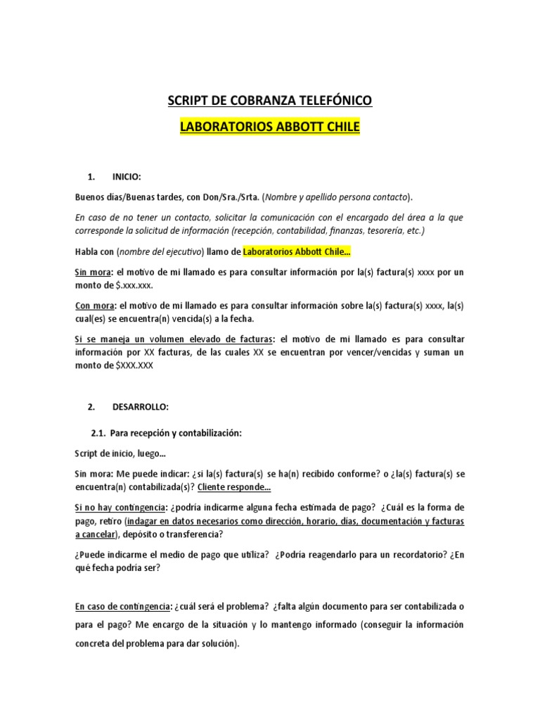Script de Cobranza Telefónico Abbott | PDF
