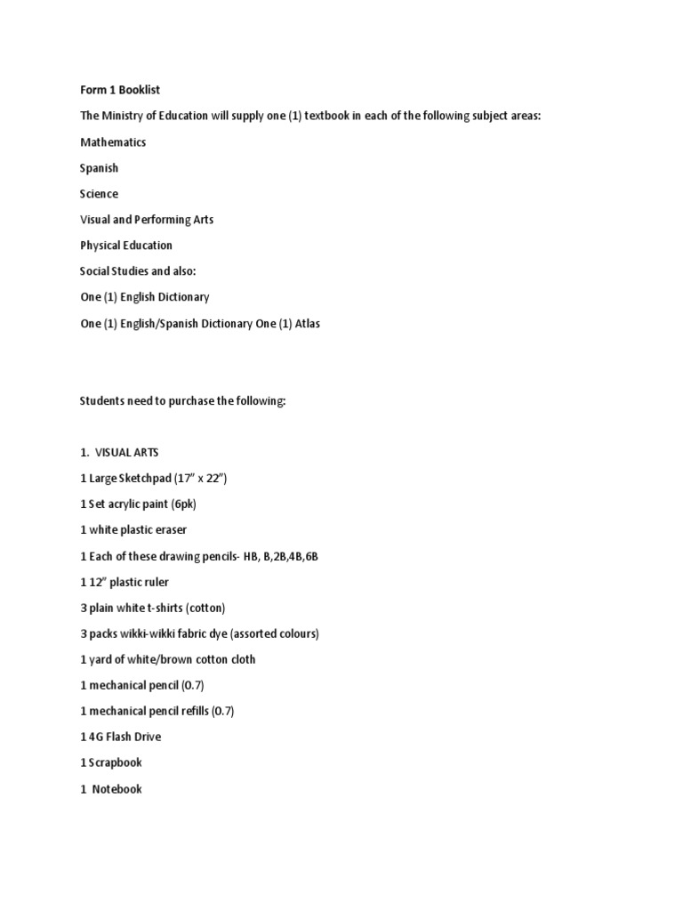 Form 1 Booklist | Download Free PDF | Books | Pencil