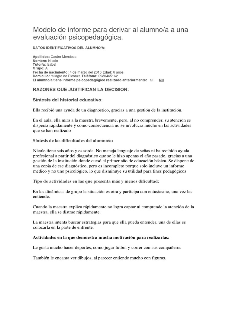 Modelo de Informe para Derivar Al Alumno ISABEL ARTEAGA | PDF ...