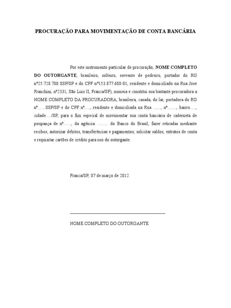 Modelos de Procuracao para Abertura e Movimentacao de Conta Bancaria | PDF